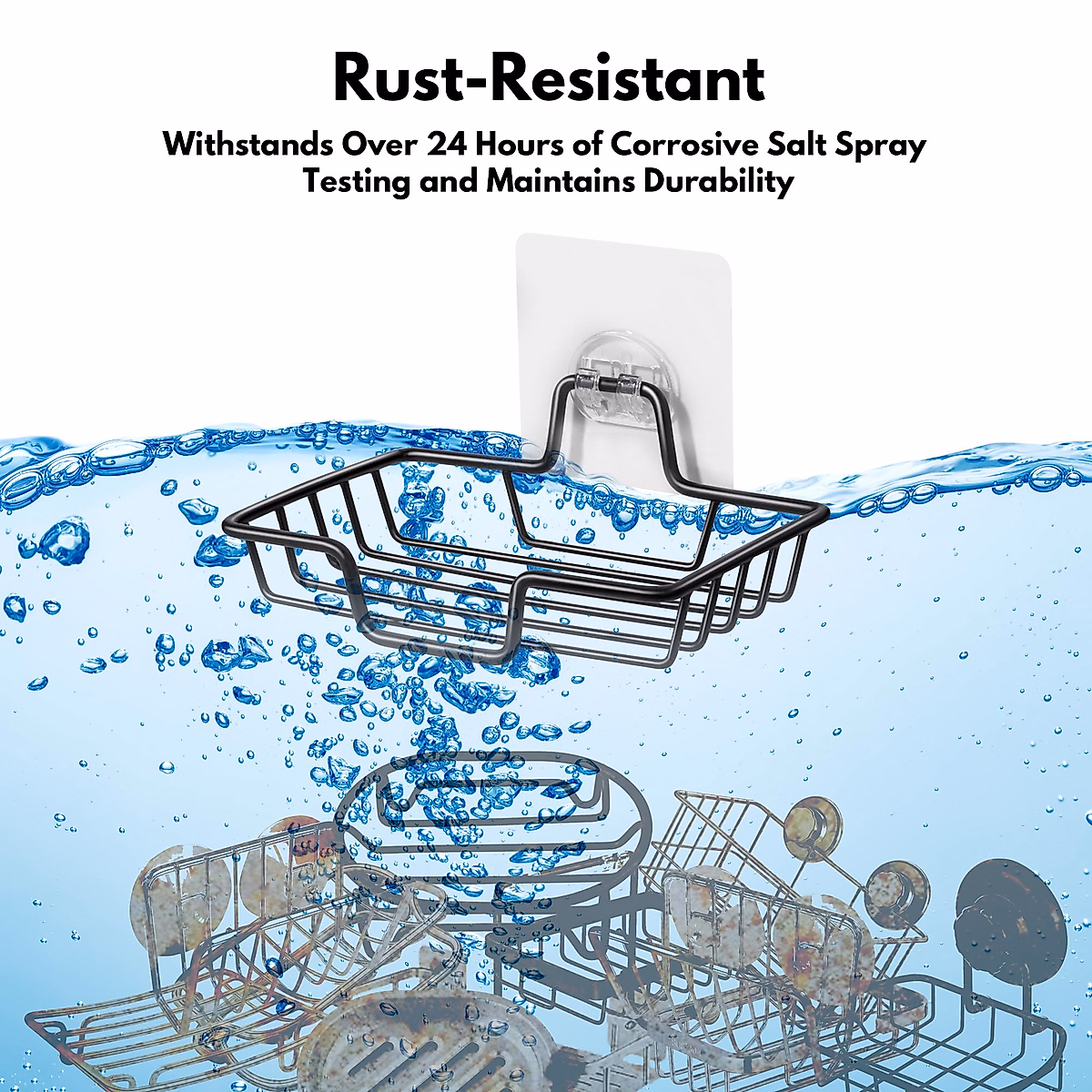 Rainspire Soap Dish Holder, No Drilling, 304 Rustproof Stainless Steel, Wall Mounted Soap Holder Soap Tray Bar Soap Sponge Holder for Bathroom & Kitchen, Square, Black