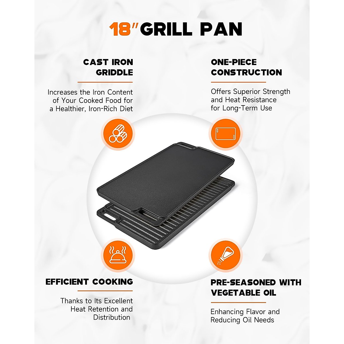 DARTMOOR 2-in-1 Reversible Cast Iron Griddle, 18 in Pre-Seasoned Cast Iron Grill Pan with Pan Scrapers, Double Side Rectangular Frying Pan with Non-Stick Surface, Indoor & Outdoor Use