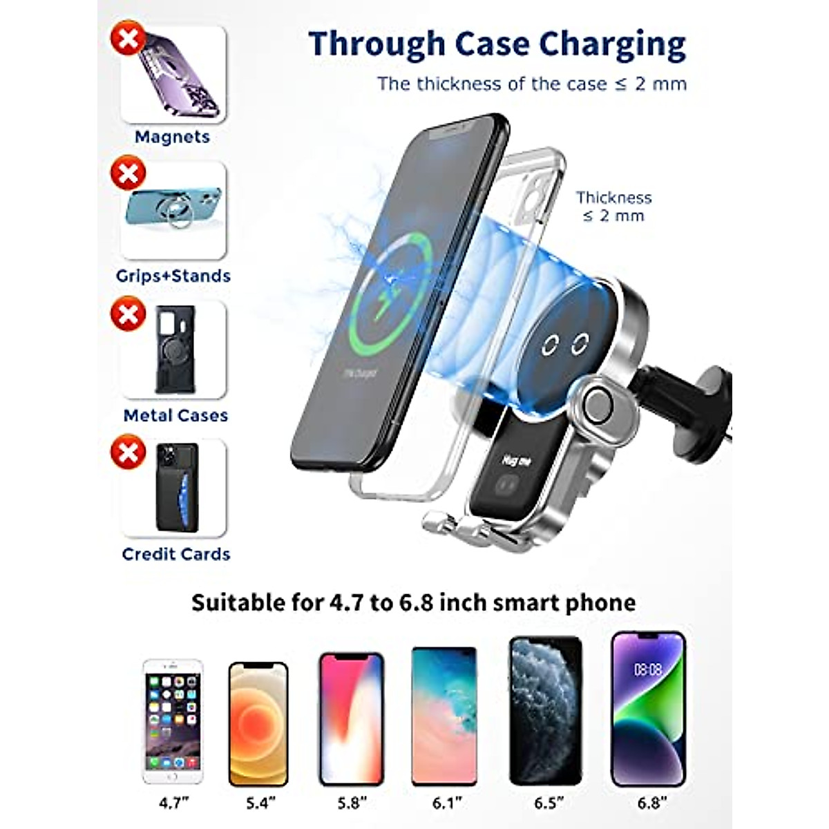 BENBOAR Car Wireless Charger Holder, [Hug me] Astronaut Car Phone Holder Mount, 15W Charging Smart Sensor Auto-Clamping Phone Mount for Car Air Vent for iPhone Samsung Google LG etc Smartphone, Silver