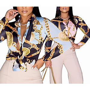 Colorful Blouses Long Sleeve Floral Print Loose Collar Sexy Tops Casual V Neck Button Down T-Shirt for Women L