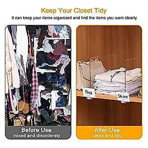 kaguster 6 PCS Clear Acrylic Shelf Dividers for Closets, 6 White Cards and 6 Clear Acrylic Self-Adhesive Clips - Closet Organizer and Storage Separate Clothing,Books, Document and Purses
