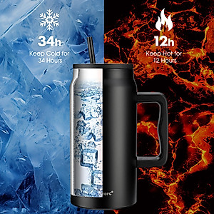 Skywerc 50 oz Tumbler with Handle, Vacuum Insulated Water Bottle with Lid and Straw, Stainless Steel Double Wall Travel Jug Coffee Mug, Keep Cold for 36H, 100% Leak-proof, Non-slip Base - Black