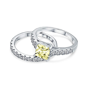 1CT Brilliant Canary Yellow Cubic Zirconia Square Princess Cut Solitaire Cathedral Setting Thin Eternity Pave Band AAA CZ Anniversary Engagement Wedding Ring Set .925 Sterling Silver