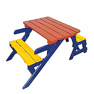 Kids Study Table and Chairs Set, Multi-Functional Children Activity Desk with 2 Bench, Indoor Outdoor Safe Steady Kid-Sized Furniture Children Table and Chair Set (Blue+red+yellow, 3 in 1)