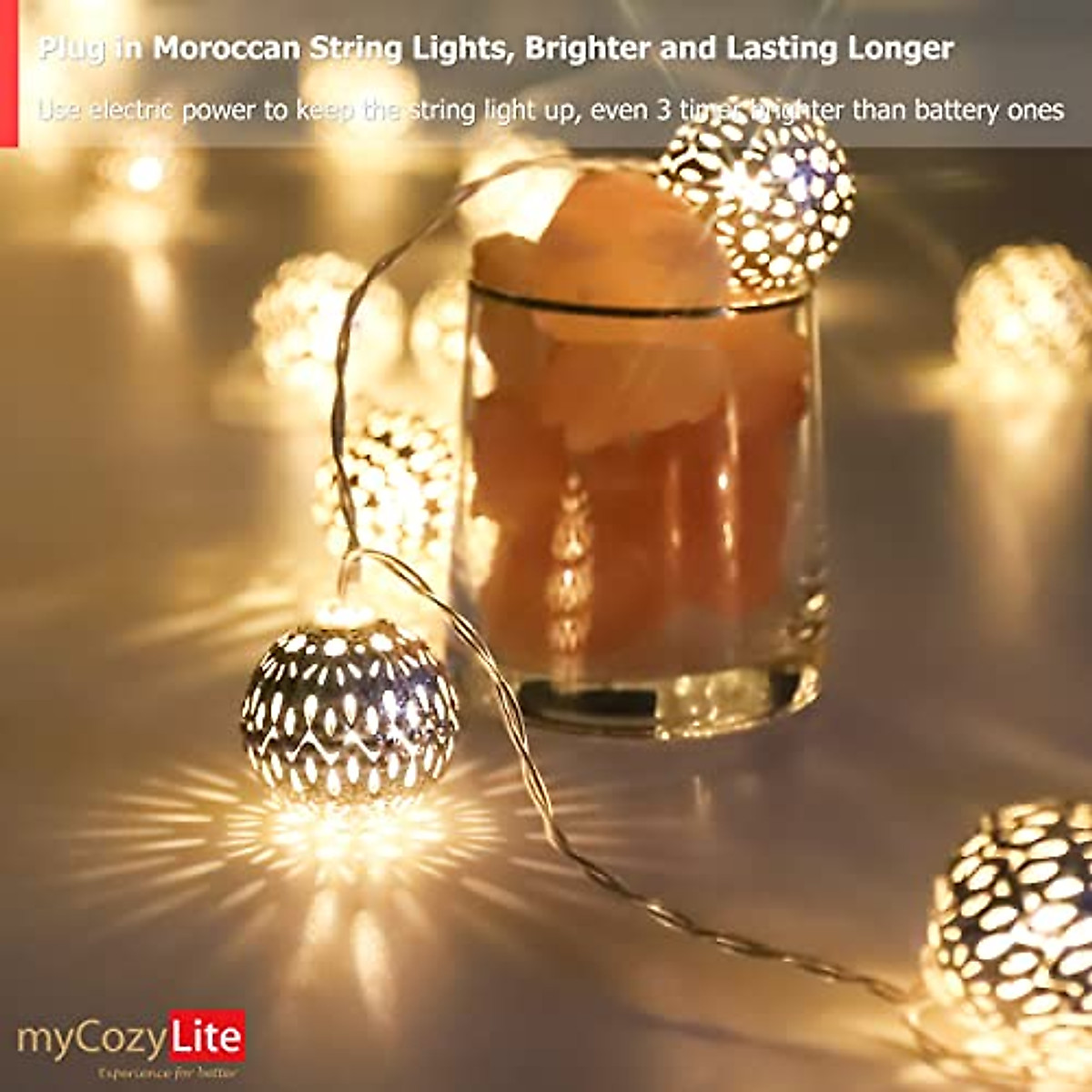 Moroccan String Lights Plug in 20 LED Globe Lights Silver Metal Balls for Wedding Party, Birthday, Christmas, Home Decor, Indoor Outdoor, 8 Functions, Timer, Unique Pattern, Connectable, 10 ft