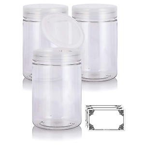 Clear Large 25 oz PET Plastic (BPA Free) Refillable Jar with Clear Natural Flip Top Cap - (3 pack) + Labels