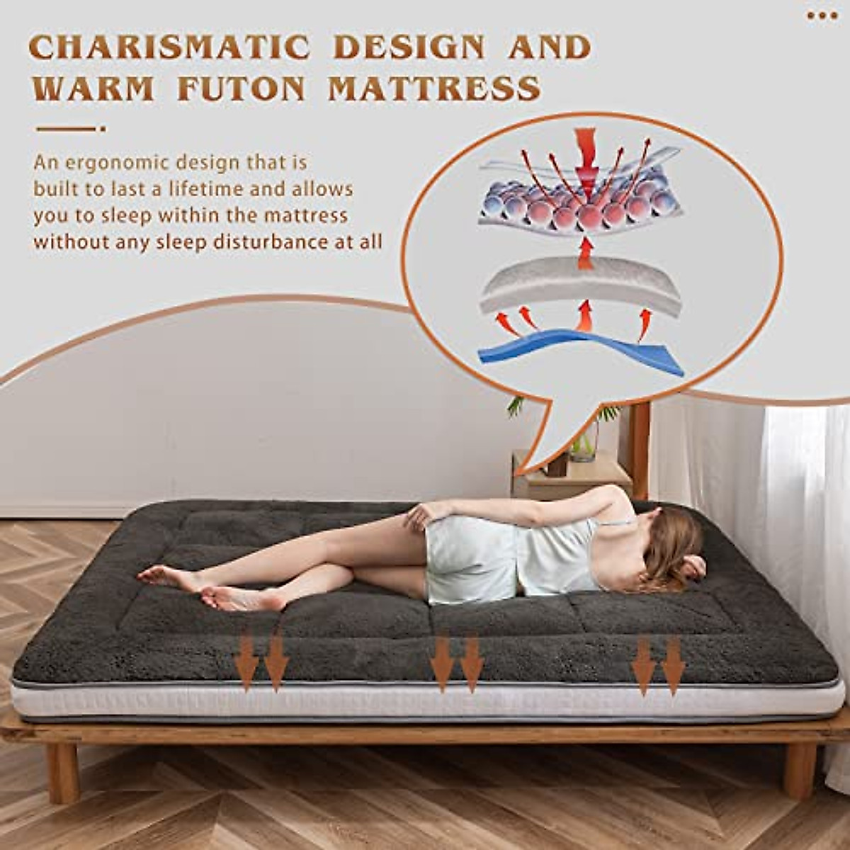 MAXYOYO Japanese Queen Size Futon Mattress, Upgraded Ultra Soft Fluffy Trifold Mattress, Dark Grey