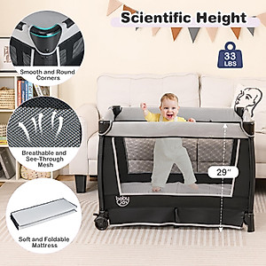 BABY JOY 5 in 1 Pack and Play, Portable Nursery Center Baby Playard w/Bassinet & Diaper Changing Table, Infant Bassinet Activity Center with Toys, Music, Oxford Bag for Toddlers (Space Grey, Classic)