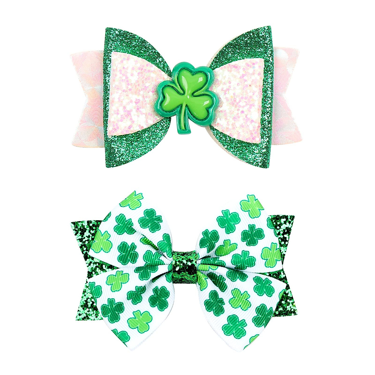 St Patricks Day Hair Bow 3" Girls Glitter Sequin Shamrock Bow Decor Clips Irish Green Grosgrain Ribbon Alligator Barrettes Handmade St Patty Cheer Accessories for Women Toddler Teens Kids Kit