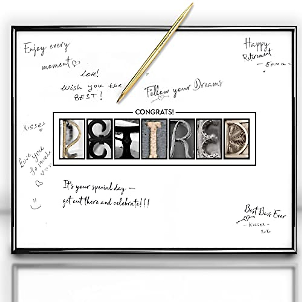 DOUBLESHOOT Framed Retirement Guest Book for Men 12"x16" Black Frame, Party Decorations - including Gold Pen & Acrylic Glass - Retired Guestbook Centerpieces, Party Decor Gifts for Him