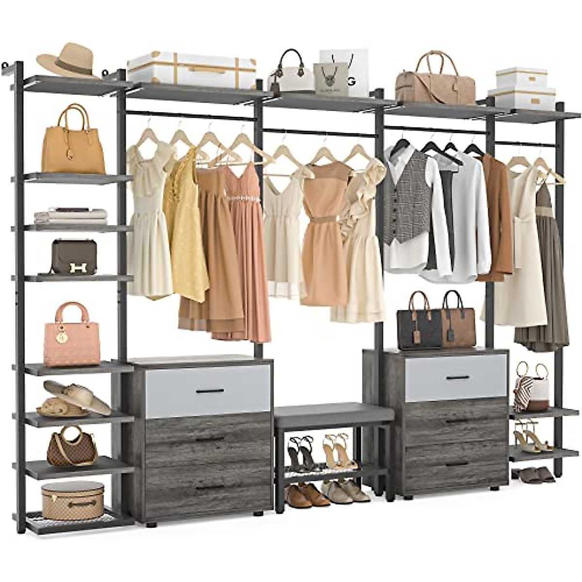 Aheaplus Clothing Rack Heavy Duty Closet Organizer for Hanging Clothes, Large Wall Mounted Garment Rack Clothes Rack with 6-Drawers for Wardrobe, Bedroom and as Walk-in Closet System, Grey Oak+Black