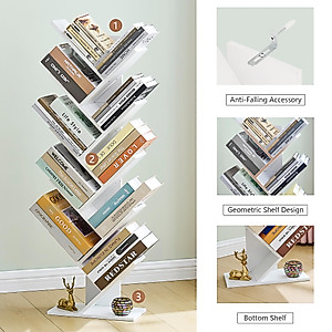 Hoctieon 10 Tier Tree Bookshelf, 10 Shelf Bookcase, Free Standing Tree Bookcase, Display Floor Standing Shelf for Books, Book Shelf Organizer, White