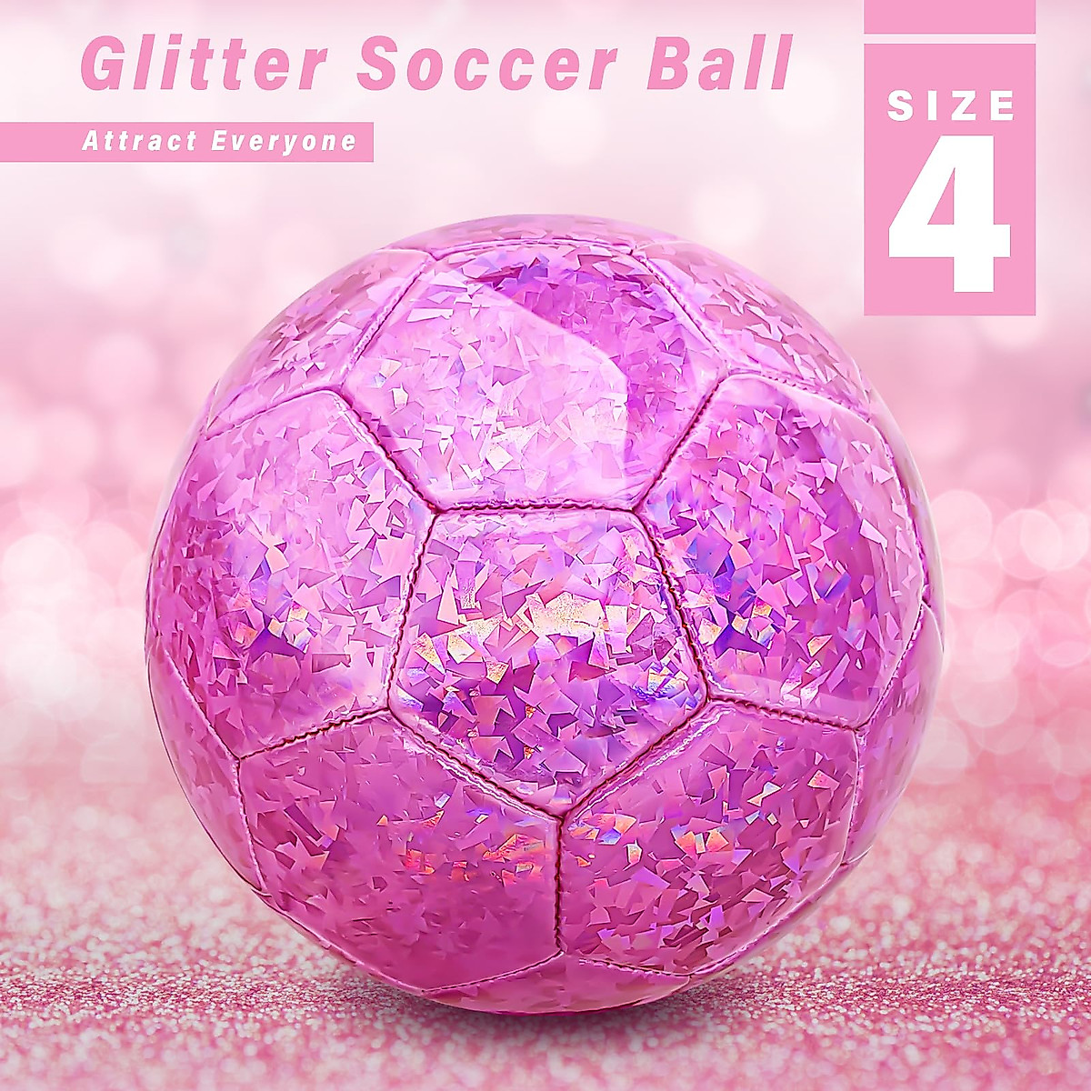 Size 4 Soccer Ball Glitter Pink - Kids Aged 4-6 6-8 8-12 Outdoors Sports Training Ball Recreation Playing Ball Teens Girls Children Youth Back to School Birthday