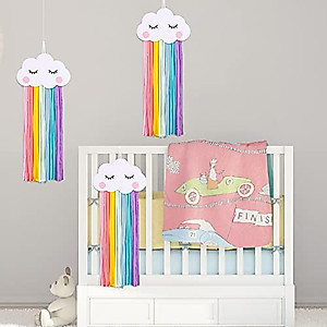 Whaline Rainbow Hair Bow Holder Hanging Hair Clip Organizer Hairpins Hanger Wood Cloud Rainbow Tassel Hair Accessories Storage Wall Hanger for Girl Women Room Decoration
