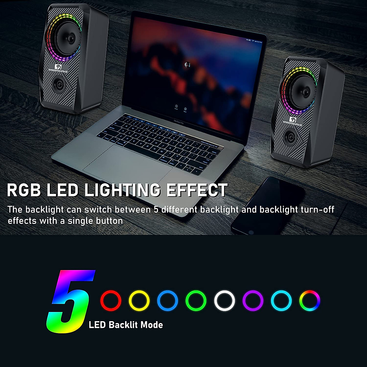 MANBASNAKE Computer Speakers RGB Gaming Speakers with 2.0 Wired USB Powered Stereo Volume Control,6 LED Modes,Dual Channel Multimedia AUX 3.5mm for PC Laptop Desktop Monitors(Black)