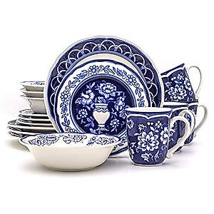 Euro Ceramica Blue Garden 16 Piece Oven Safe Hand Painted Stoneware Dinnerware Set, Service for 4, Bold Vase Design/Floral Pattern, White and blue