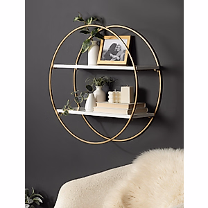 Kate and Laurel Sequoia Modern Round Wall Shelf, 24 Inch Diameter, White and Gold, Contemporary Glam 2-Tier Floating Shelf Decor for Living Room, Bedroom, or Bathroom Display