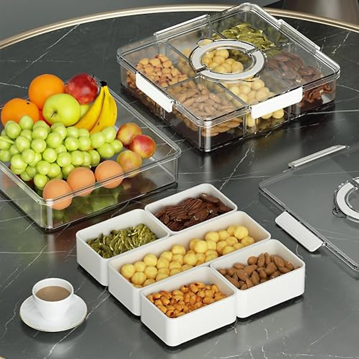 Extra Large Fruit Storage Containers for Fridge,Divided Serving Tray with Lid and Handle,Snackle Box Charcuterie Container for Portable Snack Platters,Clear Organizer for Party,Entertaining,Fruit,Nuts
