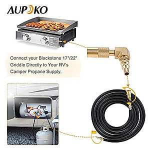 12FT Quick-Connect RV Propane Extension Hose, Low Pressure Quick Disconnect Propane Hose with 1/4" Safety Shutoff Valve and 1/4" Male Full Flow Plug and Elbow Adapter, for Blackstone 17"/22" Griddles