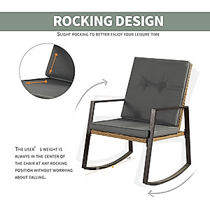 VSMKSJ 3 Pieces Patio Rocking Chairs Set of 2, Outdoor Wicker Patio Sets Conversation Coffee Table for Front Porch,Balcony,Garden,Poolside,Washable Cushion (Grey)