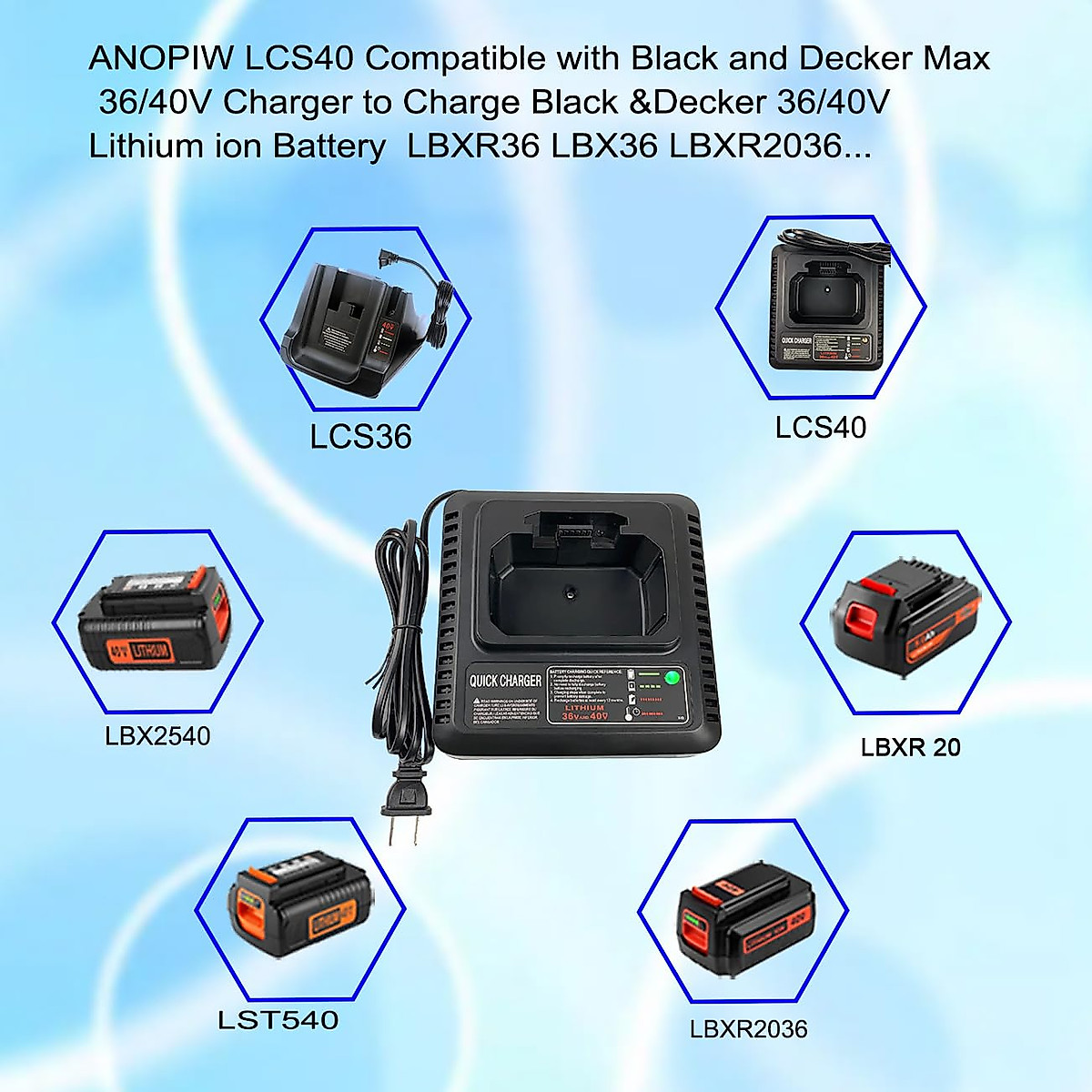 Replace Black and Decker 40V Charger LCS36 LCS40 Compatible with Black+Decker 36V/40V Lithium Battery LBXR36 LBXR2036 LBX36 LBX1540 LBX2040 LBX2540 LST540 LCS1240 LST136W