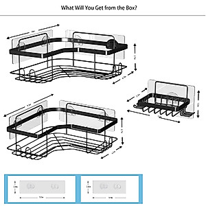 balabuki Corner Shower Caddy Organizer - Stainless Steel Adhesive Shower Shelves with Soap Dish and Hooks, 3 Pack, Black