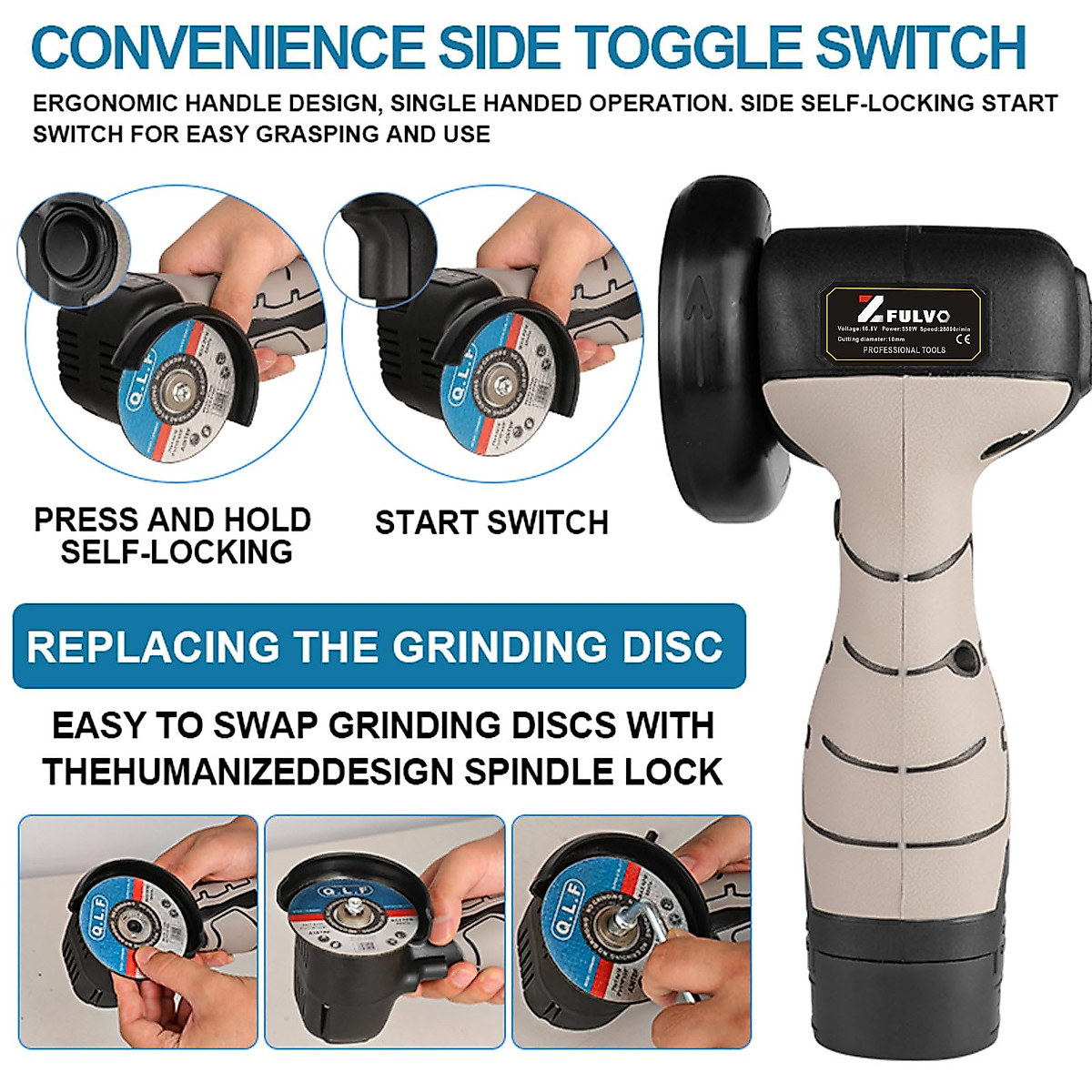 ZFULVO Cordless Brush Angle Grinder Kit, 19500rpm Mini Electric Angle Grinding Tool with 2pcs 16.8V 2000mAh Batteries and 5-Cutting Discs, Grinder Handheld Cutter for Metal Wood