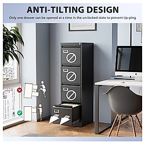 Anxxsu 4 Drawer File Cabinet, Filing Cabinets for Home Office, Metal Vertical File Storage Cabinet with Lock, Locking File Cabinet for A4 Legal/Letter, 15.1" W x 17.7" D x 52.5" H, Assembly Required