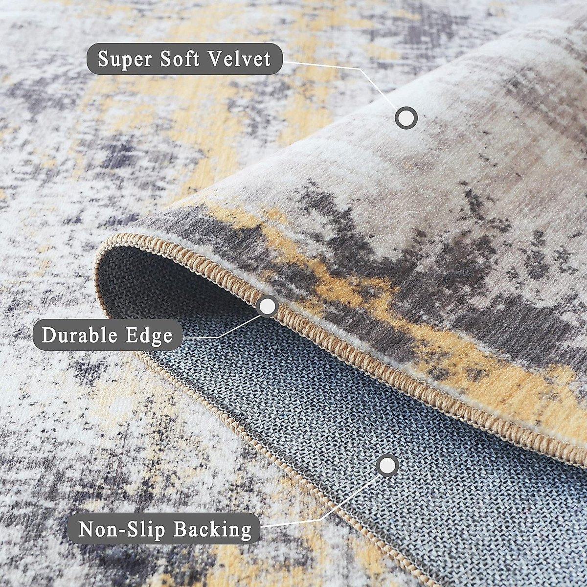 vivorug Washable Rug, Ultra Soft Area Rug 8x10, Non Slip Abstract Rug Foldable, Stain Resistant Rugs for Living Room Bedroom, Modern Fuzzy Rug (Yellow, 8'x10')