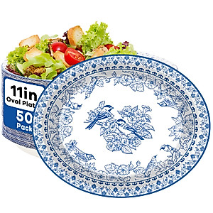 50 PCS Blue Floral Oval Paper Plates Blue & White Floral Party Tableware Set Blue and White Flowers Disposable Party Supplies Bridal Birthday Baby Shower Tea Dinnerware Plates Napkins Forks Serve 50