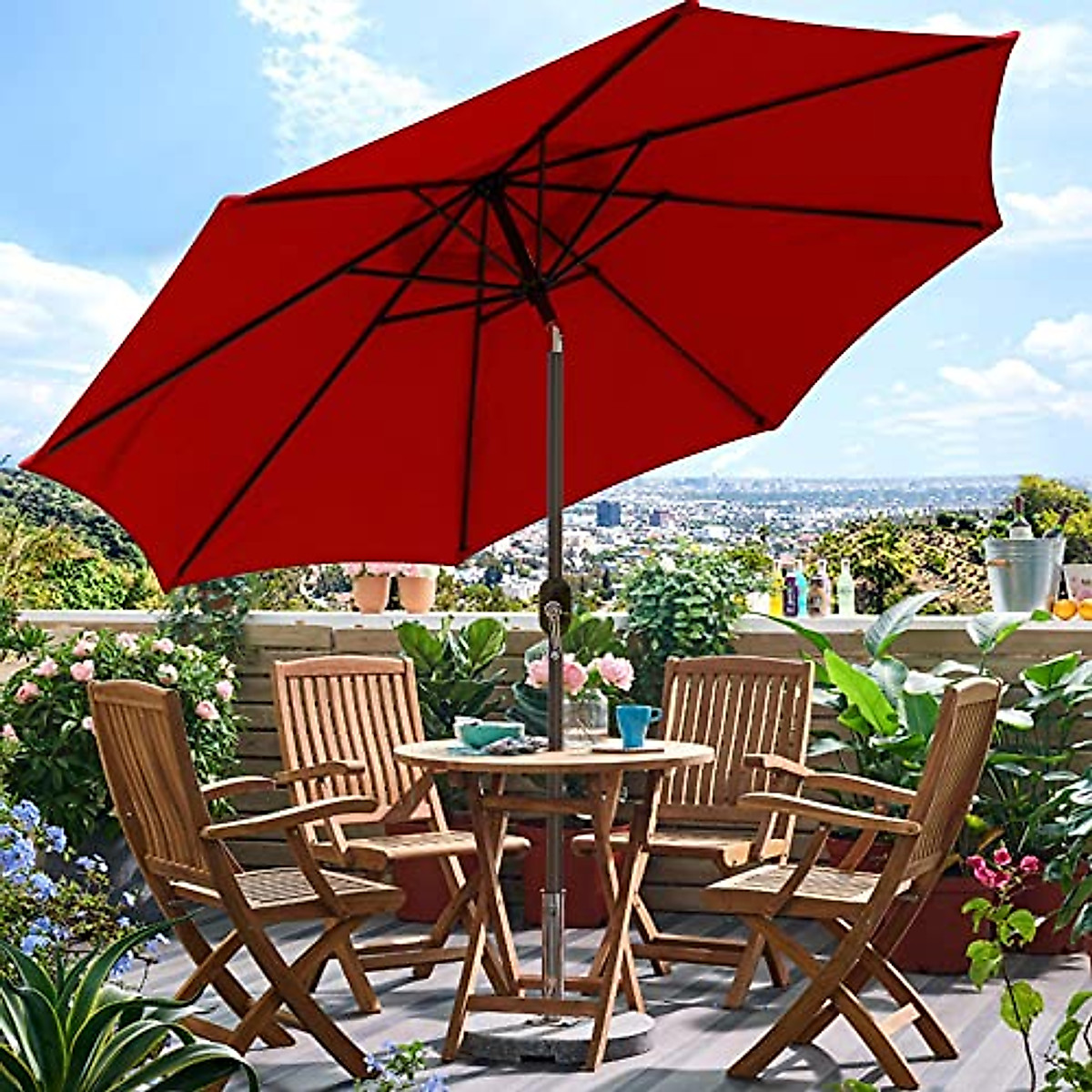 Blissun 9ft Patio Umbrella, Manual Push Button Tilt and Crank Garden Parasol (Red)