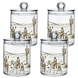 xigua Desert Cowboy Riding 2 Pack Qtip Holder Dispenser with Lid,Apothecary Jars Plastic Cotton Swabs Cans Clear Bathroom Storage Canister for Cotton Ball, Cotton Swab, Cotton Round Pads, Floss