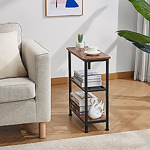 GIOPACO Narrow Side Table, End Table with 3 Tier Storage Shelves, Rustic Skiny End Tables for Small Spaces, Slim Couch Beside Table, Hallway Table for Living Room,Bedroom