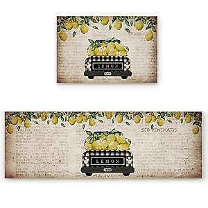Kitchen Rug Sets 2 Piece Farm Lemon Harvest Truck Non Slip Anti Fatigue Floor Mats Vintage Newspaper Comfort Soft Absorb Cushioned Standing Doormat Runner Rugs (15.7x23.6+15.7x47.2 inch)