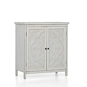 MAISON ARTS White Accent Cabinet with 2 Doors Sideboard Buffet Storage Cabinet Decorative Distressed Cabinet with Carved Pattern Doors for Bedroom Living Room Kitchen Farmhouse, White Embossed Flower