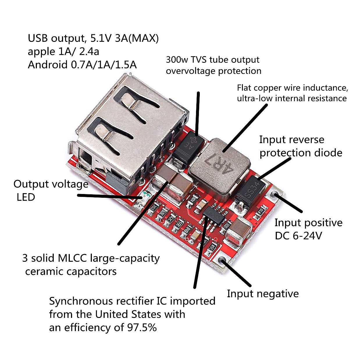 Teyleten Robot DC-DC Buck Converter USB Car Charger Step Down Module 6-24V 12V/24V to 5V 3A Power Supply Module Efficiency 97.5% 10pcs