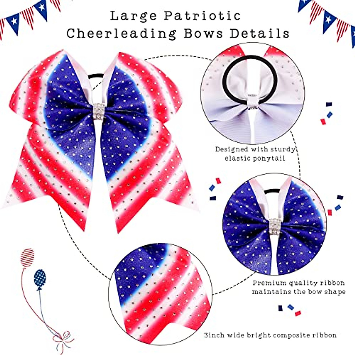 OAOLEER 6 Count USA Cheer Hair Bows, 8In Grosgrain Ribbon Boutique Large Cheerleader Bows with Elastic Tie Band for Competition, Independence Day, Girls, Teens, Kids, Blue / Red / White