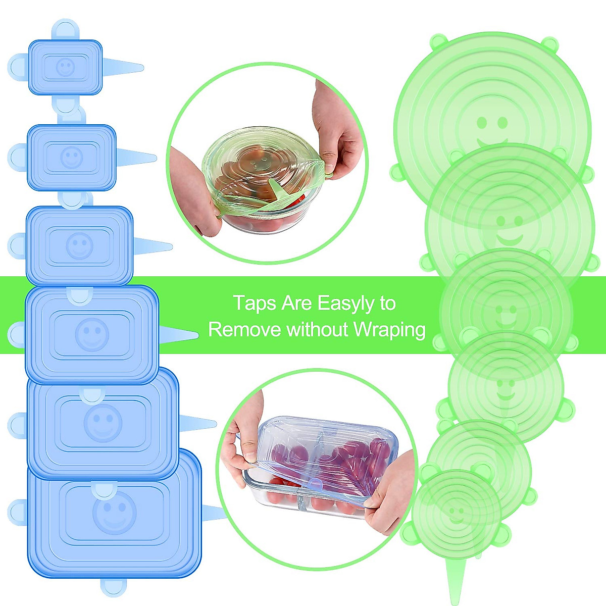 ONEGOL Silicone Stretch Lids, 12 Pcs Silicone Lids, 6 Sizes BPA-free Silicone Bowl Covers Reusable for Cups, Bowls and Dish, Flexible, Round and Rectangle Fit 2.8” - 8.2” Container, Green & Blue