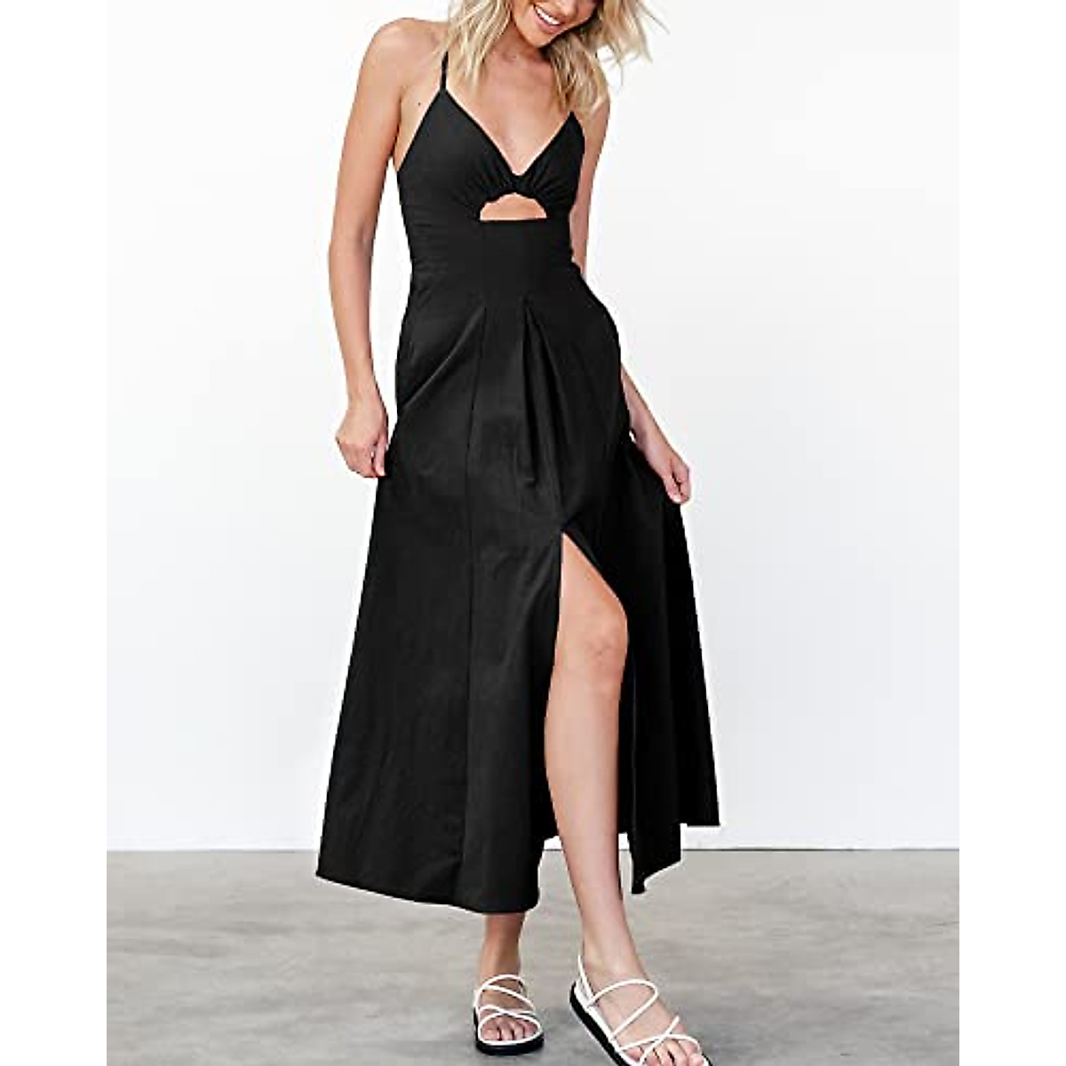 BTFBM Women 2023 Summer Spaghetti Strap Dress Sleeveless V Neck Cutout Slit Casual Beach Party Maxi Dresses with Pockets(Solid Black, X-Large)
