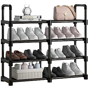 RightTech 4-Tier Shoe Rack, 90CM Long Adjustable & Stackable Metal Shoe Shelf Storage Organizer, Heavy Duty Metal Free Standing Shoe Rack for Entryway Closet Doorway, Black