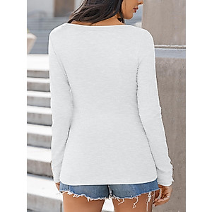 Kissfix Womens Long Sleeve Shirts Going Out Fall Clothes Casual Henley Tops Ribbed Knit Blouses Fashion Trendy Outfits White L