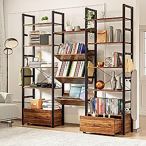 HSSZXFR Triple Wide Bookshelf 5-Tier with 2 Drawers, Industrial Bookshelves Sturdy Wood and Metal, Bookcase Spacious for Display and Storage, Large Display Rack for Home Office
