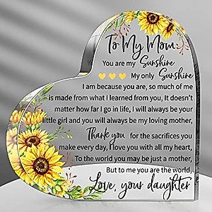 Mom Gift Mother in Law Gift Bonus Mom Gift to My Mom Acrylic Heart Sunflower Mothers Plaque Gifts Grateful Birthday Gifts for Mom Acrylic Best Mom Sign Acrylic Heart Sign from Daughter