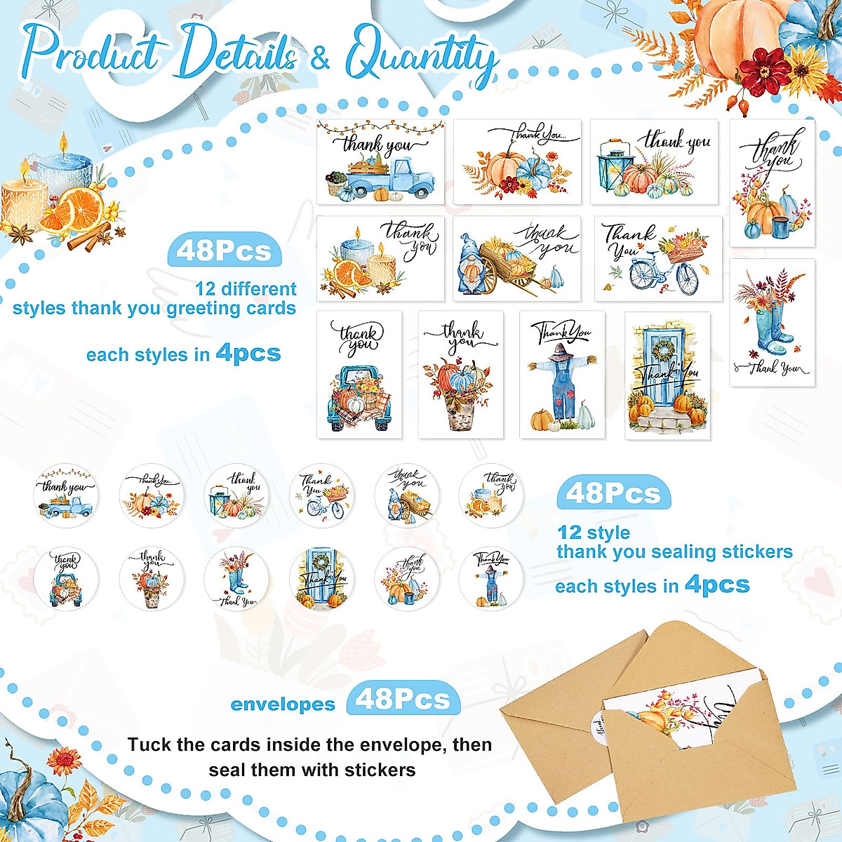 Piklodo 48 Set Fall Thanksgiving Cards with Envelopes and Stickers Watercolor Blue Thank You Cards Pumpkin Note Cards Autumn Greeting Cards Blank Cards for Birthday Wedding Bridal Shower Baby Shower