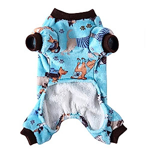 Ornaous Fleece Small Dog Cat Pajamas Shirt，Cute Blue Pet Onesie Pajamas Puppy Footie Jumpsuit Warm Clothes（L Size）