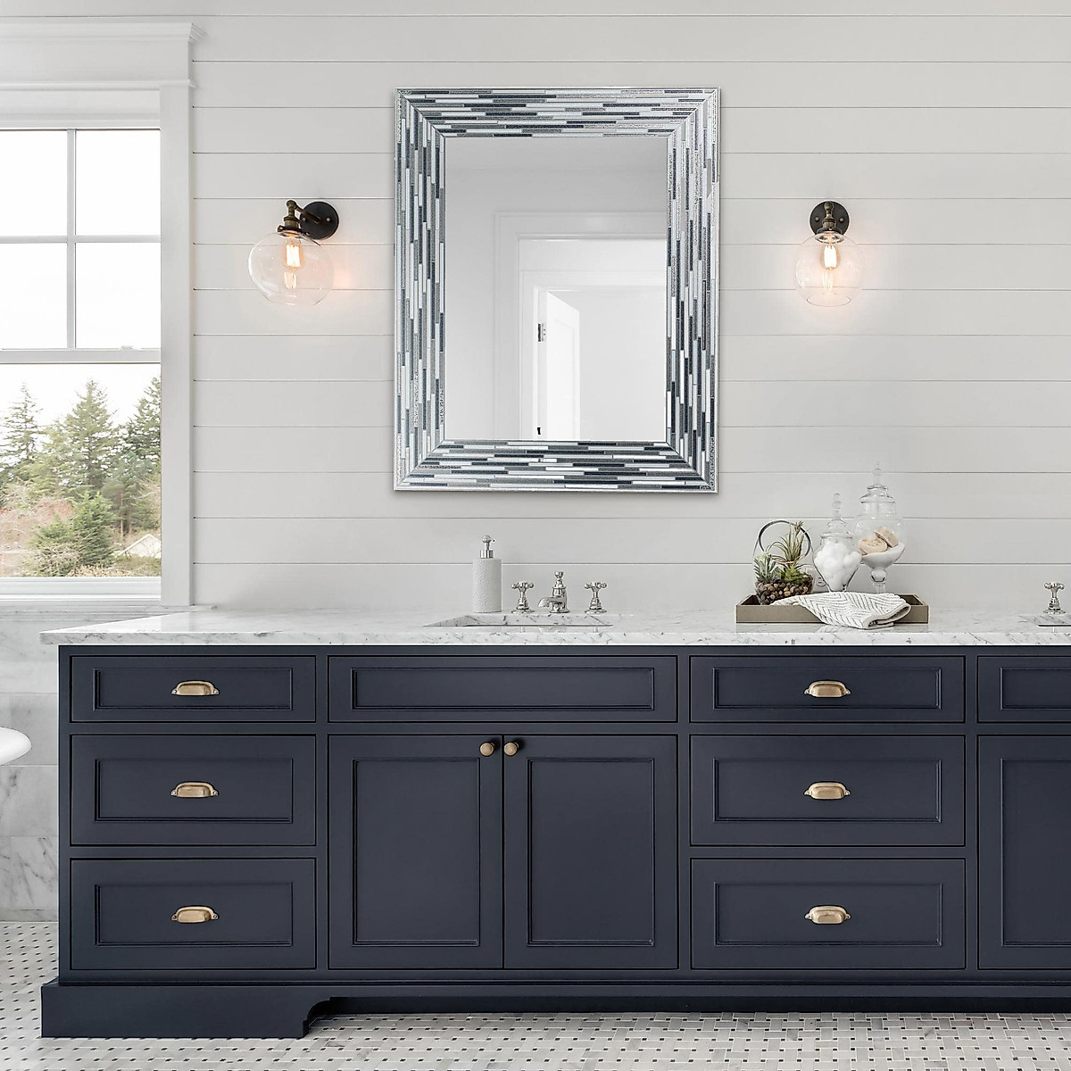 Head West Frameless Reeded Glass Print Gray Modern Wall Mirror - Bathroom Vanity Mirror Decoration with D-Ring Hangers for Vertical & Horizontal Mounting - 24" x 30"