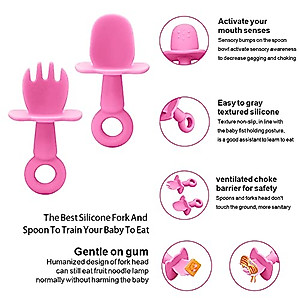 Baby Suction Plate with Self-Feeding Spoon Fork - BPA Free Infant Newborn Utensil Set for Self-Training, Suction Plates for Babies Toddlers, Dishwasher Microwave Safe (Pink)