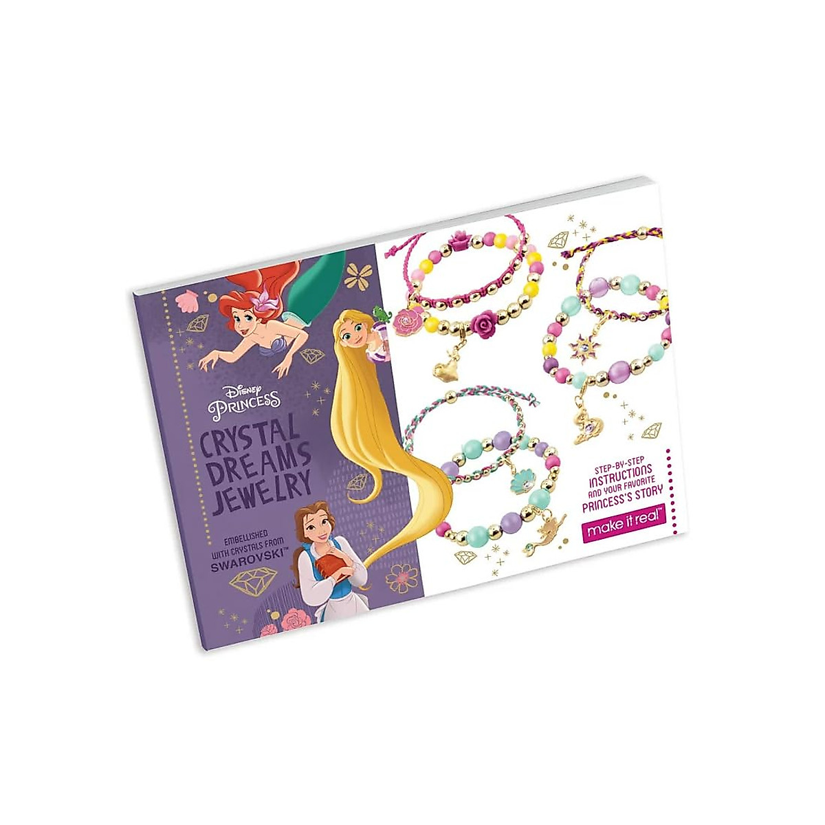 Make It Real Disney Princess Crystal Dreams Jewelry Kit - DIY Bead & Charm Bracelet Set with Swarovski Crystals, Includes Supplies & Exclusive Princess Book - Create 6 Bracelets, Ages 8
