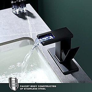 KirlystonE LED Single Handle Bathroom Faucet, Modern Square Matte Black Single Hole Vanity Sink Faucet with Waterfall Spout