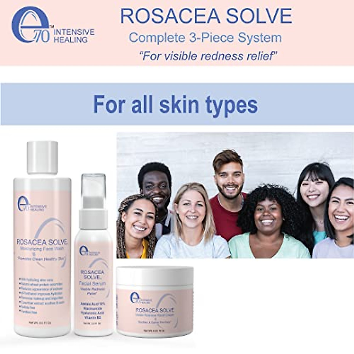 E70 Rosacea Solve Set - Includes Rosacea Cream, Serum and Moisturizing Face Wash - Combined Beneficial Ingredients such as Aloe Vera, Hyaluronic Acid, Niacinamide Coconut Oil, Cucumber, Wheat, Fruit Extracts, Licorice, Azelaic Acid 10% Chamomile Extracts